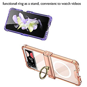 GO-VOLMON Clear Case for Galaxy Z Flip 5 with Magnet and Ring, Transparent Kickstand Case for Samsung Galaxy Z Flip 5 for Man and Woman, Shockproof Phone Case with Hinge Protector for Z Flip 5
