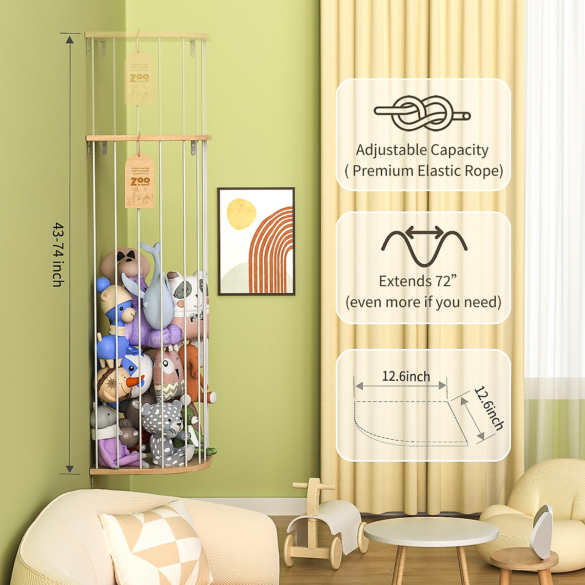 Eniffbaa Stuffed Animal Storage for Plushie Toys - Large Wood Corner Hanging Pet Storage with Sky Pattern, Length Adjustable Toy Organizer Shelf for Nursery Play Room Bedroom Kid Room