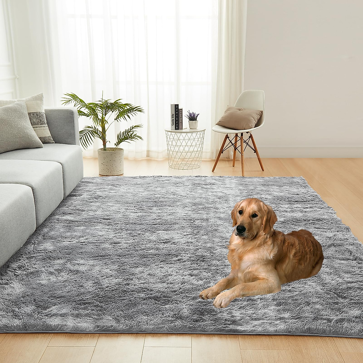 JKMAX Fluffy Shag Area Rugs for Living Room，Tie-Dyed Light Grey Soft Plush Fuzzy 3x5 Rug for Bedroom Nursery Girls Boys Room Kids Room Decor，Upgrade Anti-Skid Carpet for Home Decor Aesthetic