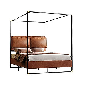 SAMTRA Queen Size Platform Bed Frame Upholstered Faux Leather Bed with Wooden Slat Support, No Box Spring Needed, Sturdy and Noise-Free, Brown