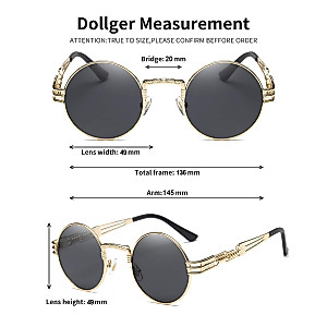 Dollger Round Sunglasses Black Steampunk Glasses Gold Metal Frame Mirror Lens Sunglasses