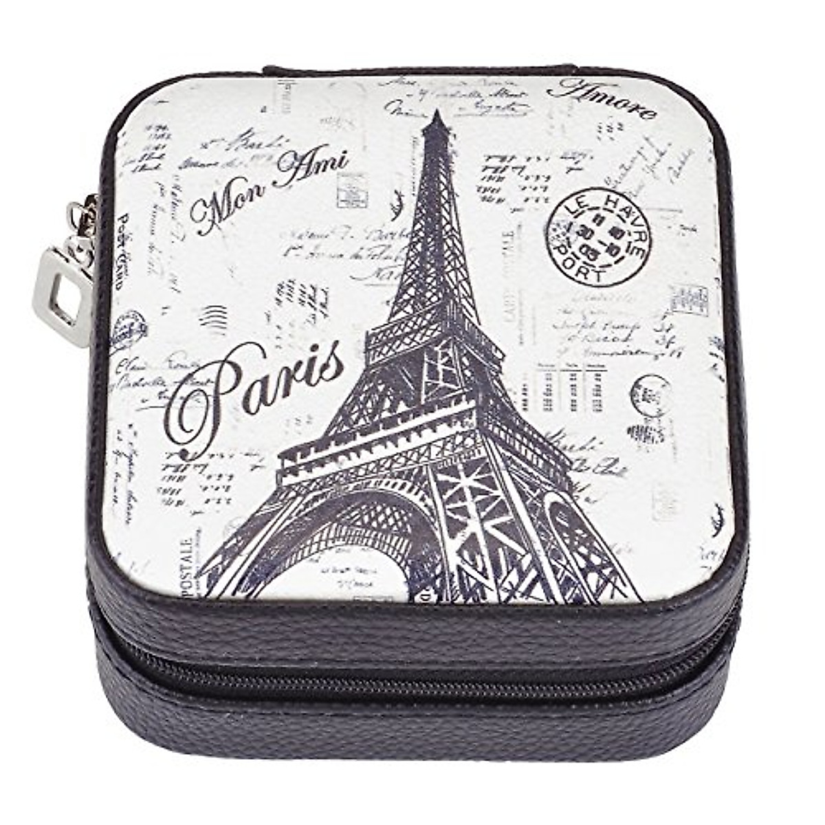 Yoption Paris Tower Pattern PU Jewelry Holder Box Display Accessories Ring Earring Bracelet Storage Zipper Case PU Leather Portable Traval Jewelry Box Organizer (Black)