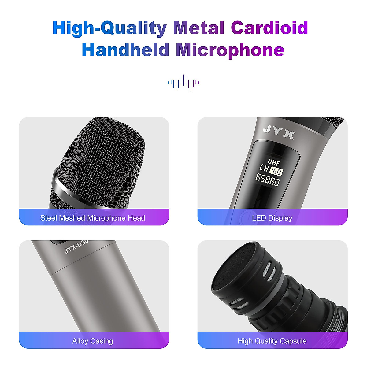 JYX Wireless Microphones, Dual UHF Handheld Dynamic Mic with Receiver, 6.35mm(1/4") Output,3.5mm (1/8") Adapter,160ft Range, Metal Rechargeable Karaoke Microphones for Party, Wedding, Class, Speech