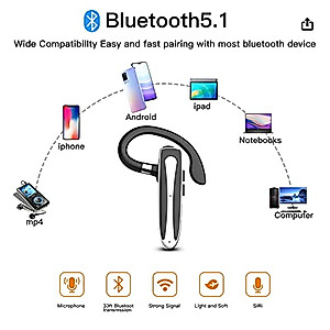 Bluetooth Headset for Cell Phone, Wireless Bluetooth 5.1 Earpiece Single-Ear Headset Hands-Free Earphones,in Mic with Charging Case, for Office Driving Calling Compatible Android/iPhone.