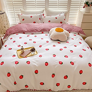 BlueBlue Strawberry Kids Duvet Cover Set Queen 100% Cotton Bedding for Boys Girls Teens Cartoon Red Strawberry Pattern 1 Fruit Full Comforter Cover 2 Pillow Shams (Queen)