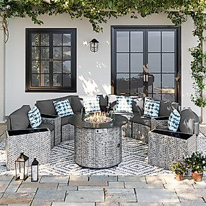 UDPATIO Patio Furniture Set with Fire Pit Table,Integrated Outdoor Sectional 11 Pieces Rattan Modular Curved Sofa Set with Propane Fire Pit,Wicker Side Table,6 Pillows,Fit for Backyard,Poolside(Grey)