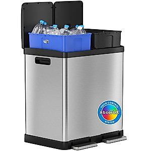 iTouchless SoftStep 16 Gallon Dual Compartment Trash Can Recycler, 61 Liter Stainless Steel 2 x 8 Gallon Color Coded Removable Inner Buckets, Soft and Gentle Open/Close Lid