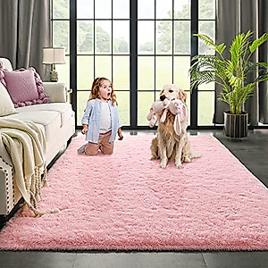 Kimicole Baby Pink Area Rug for Bedroom Living Room Carpet Home Decor, Upgraded 4x5.9 Cute Fluffy Rug for Apartment Dorm Room Essentials for Teen Girls Kids, Shag Nursery Rugs for Room Decorations