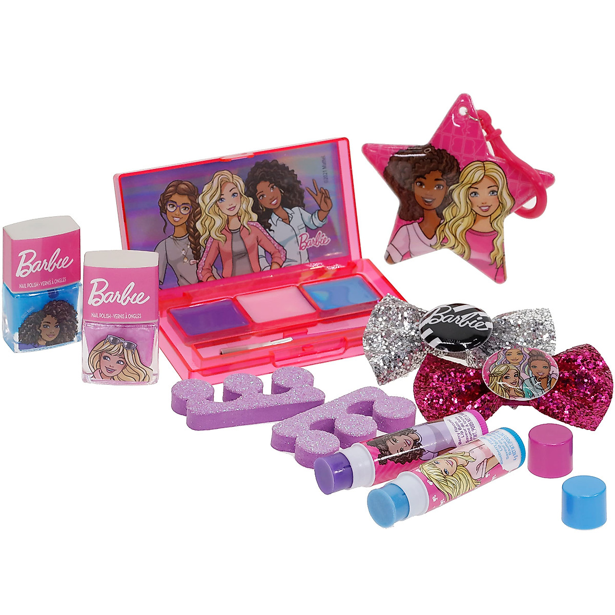 Barbie - Townley Girl Backpack Cosmetic Makeup Gift Bag Set 12 Pcs includes Lip Gloss, Nail Polish & Hair Accessories for Kids Teen Tween Girls, Ages 3+ perfect for Parties, Sleepovers and Makeovers