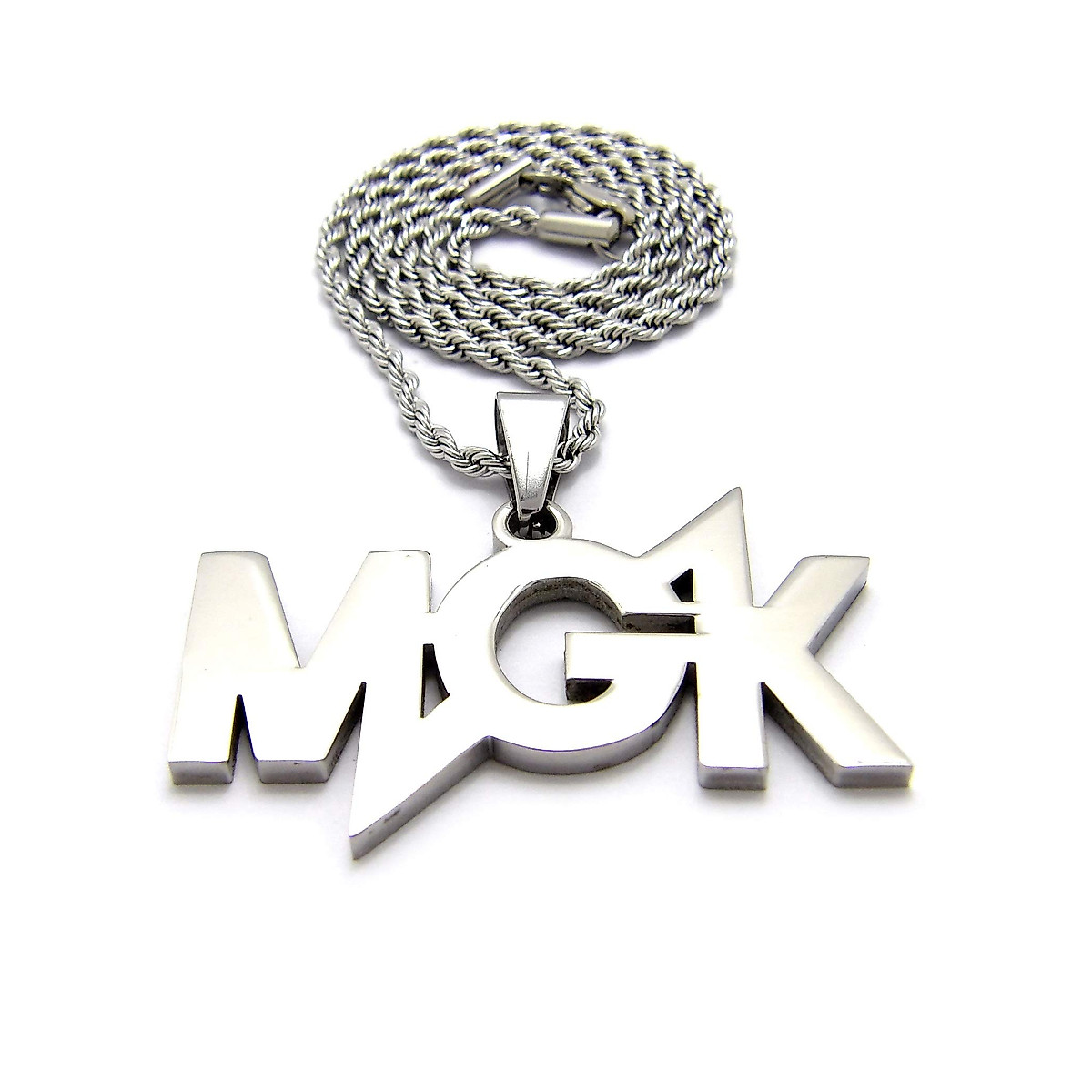 BLINGFACTORY Hip Hop MGK Bling Pendant & 3mm 18" ~ 24" Stainless Steel Rope Chain Necklace (18" Chain)