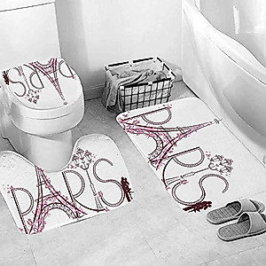 Eiffel Tower Bath Mats Sets for Bathroom 3 Piece,Paris Romantic Floral Bathroom Carpets Set with Absorbent and Machine Washable Non-Slip U-shaped Pedestal Pads, Toilet Seat Cover, Anti-Slip Floor Rugs