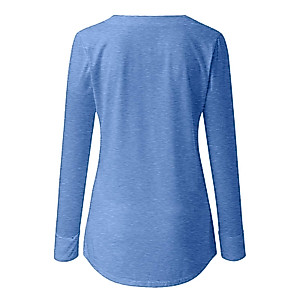 Aniywn Women's Ladies Thin Long Sleeve Tunic T-Shirt Baggy V-Neck Buttons Pure Color Tee Pullover Blouse Blue