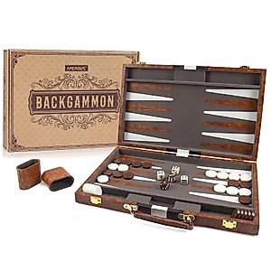 AMEROUS Backgammon Set, 15 Inches Classic Board Game with Leather Case, Folding Board, Gift Package, Portable Travel Strategy Backgammon Game Set for Adults, Kids (Medium, Brown)