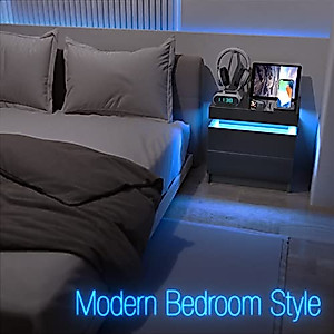 Semounva LED Nightstand with 2 Drawers, Black Modern Nightstands with Led Lights, Cool Light Up Flip Top Bedside Table Night Stand for Bedroom Furniture