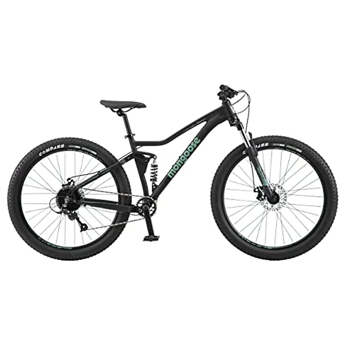 Mongoose Impasse 1.0 Mountain Bike for Adult Men & Women, 7-Speed, Full Suspension, 27.5-Inch Wheel, 17-Inch Frame, Front & Rear Mechanical Disc Brake, Matte Black