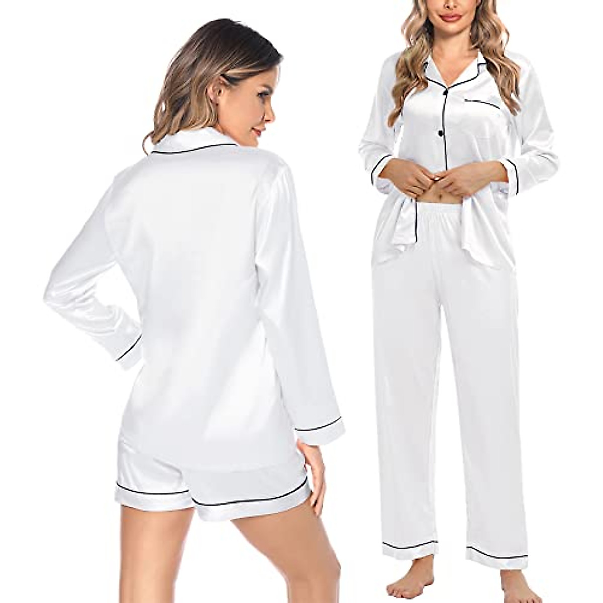 SWOMOG Women 3 Pcs Satin Pajamas Set Silk Long Sleeve Sleepwear Button Down Loungewear Pjs with Shorts & Pants White