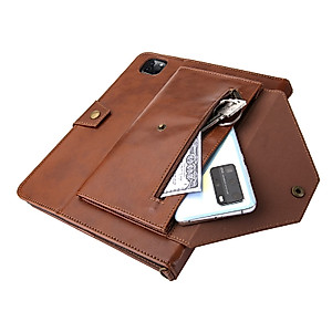 iPad Pro 12.9 inch 2022/2021/2020/2018 PU Leather Case with Apple Pencil Holder Auto Wake/Sleep Shoulder Strap for iPad Pro 12.9 6th/5th/4th/3rd Generation (Brown)