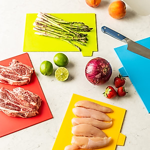 Plastic Cutting Boards for Kitchen - Colorful Flexible Cutting Mats for Cooking With Ventilated Storage Stand - Anti-Skid BPA-Free Chopping Mats for Fruits, Vegetables, Meats, Seafood & More - 4 Pack