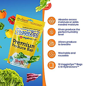 Bluapple VeggieZips Premium Produce Storage Bags - 10 Produce Food Saver Bags + 10 HydroLiners to Keep Produce Fresh Longer - Washable & Reusable Bags for Humidity Control for Fruits and Vegetables