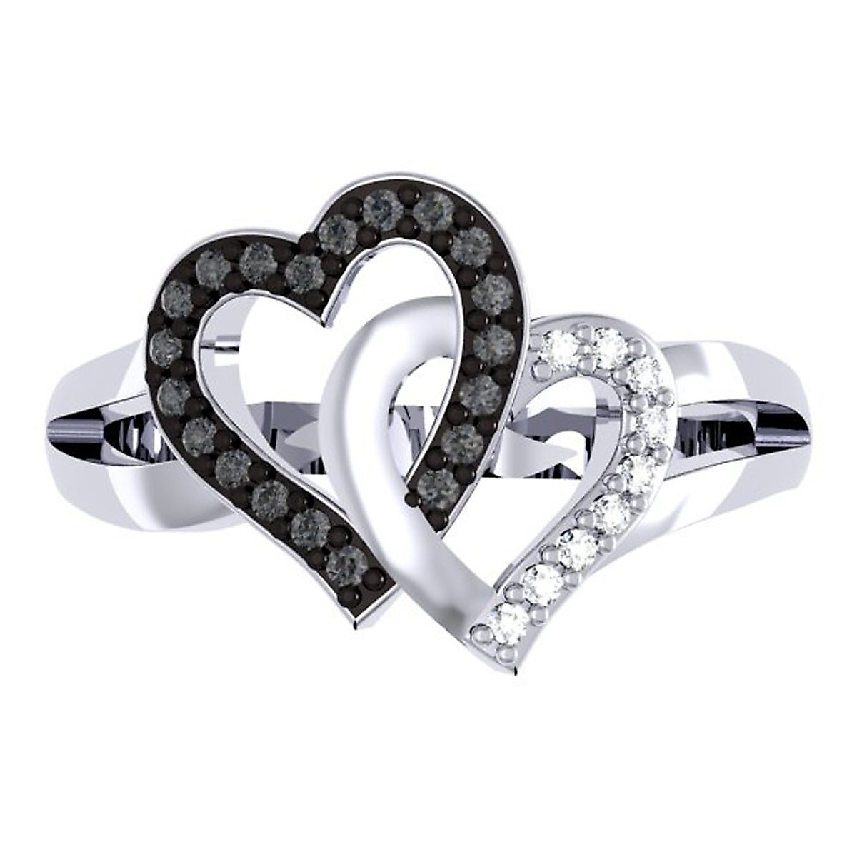 Dazzlingrock Collection 0.25 Carat (Cttw) Round Black Diamond & White Diamond Split Shank Entwined Double Heart Promise Ring for Women in 925 Sterling Silver Size 7