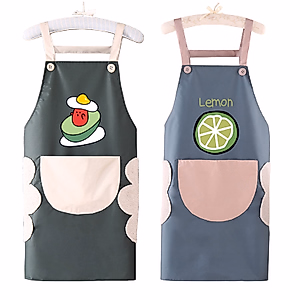 2 Pack Kitchen Cooking Aprons, Waterproof Bib with Large Pockets Hand Wipe Aprons，Adjustable Bib Soft Chef Apron，for Women Men Chef Coveralls Crafting BBQ (Lemon Blue Egg Green Grey)