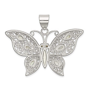 Sterling Silver Filigree Fancy Mother of Pearl Butterfly Pendant QQC5004