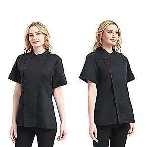 TopTie Women's Chef Coat With Contrast Piping Short Sleeve Chef Jacket