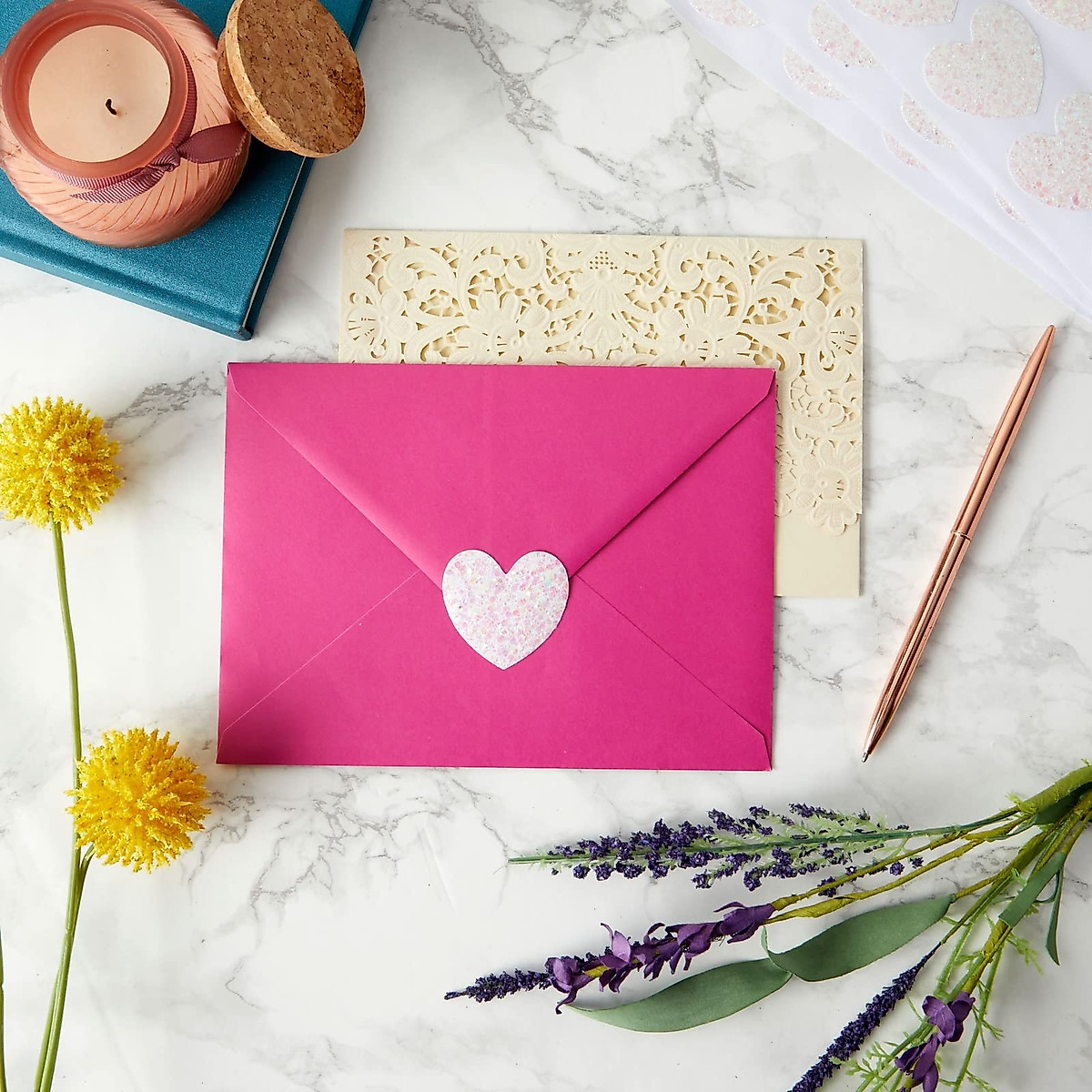 200-Pack 1.5-Inch Holographic Glitter Heart Stickers, Adhesive Sparkle Decals, Envelope Seal Stickers for Wedding, Birthday, and Graduation Invitations, Crafting Supplies (Light Pink)