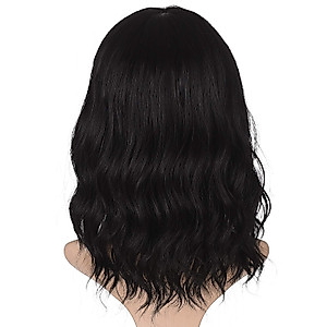 morvally Short Black Wavy Bob Wig with Bangs for Women 16 Inches Natural Synthetic Hair Wavy Wigs