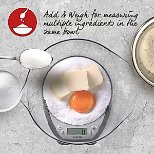 Salter 1024 SVDR14 Digital Kitchen Scale with Bowl- 2L Dishwasher Safe Mixing Bowl, Easy Dual Pour Wide & Narrow Spouts, Measure Liquids, Add & Weigh Function, Easy Read Display, 5kg Capacity, Silver
