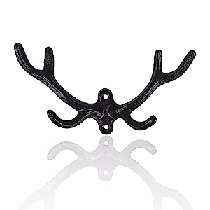 30GO Vintage Cast Iron Deer Antlers Wall Hooks Antler Decorative Hanger w/Screws | Hook for Coats, Hats, Scarves, Keys | Rustic Farmhouse Style Home Decor (Black)