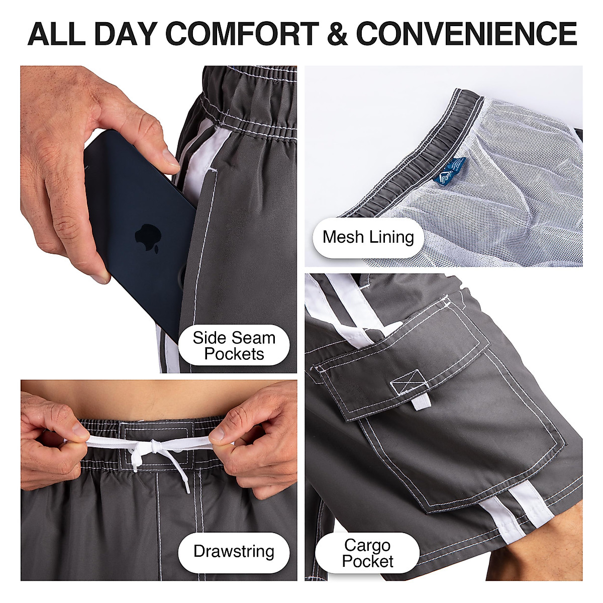 Kanu Surf Men's Standard Barracuda Swim Trunks (Regular & Extended Sizes), Charcoal, Large