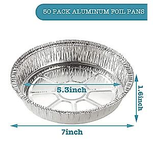 50 Pack 7-Inch Round Aluminum Foil Pans, Disposable Tin Cake Pie Pans, Foil Liners for Air Fryer, Food Containers for Storage, Baking, Roasting, Meal Prep, Reheating