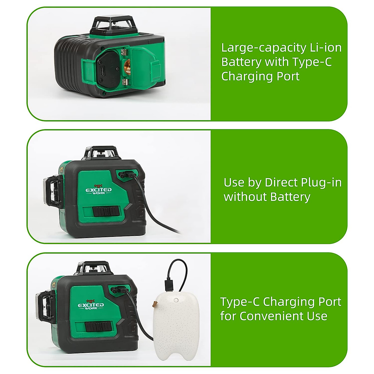 Excited Work 12 Lines Laser Leevl Self Leveling 3x360°, 3D Green Cross Line for Construction and Wallpaper/Flooring, Rechargeable Li-ion battery, Magnetic Pivoting Base, Remote Controller