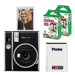 Fujifilm Instax Mini 40 Instant Camera Black with Fujifilm Twin Pack instax Mini Film (20 Sheets) and NeeGo Instax Photo Album