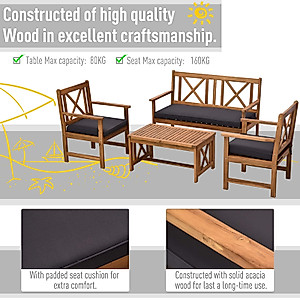 Outsunny 4 Piece Acacia Wood Outdoor Patio Furniture Set with 2 Armchairs, 1 Sofa, & 1 Coffee Table, Cushions Included