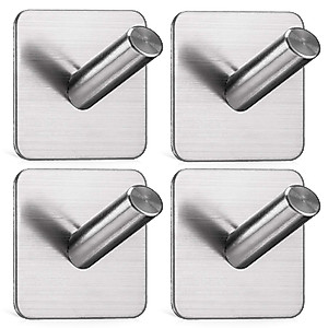 Jekoo Adhesive Wall Hooks Heavy Duty Hooks for Hanging Wall Hangers Stick on Shower Home Bathroom Kitchen Door Ideal for Robes, Umbrellas, Clothes, Bags, Coats, Keys - Stainless Steel - 4 Packs