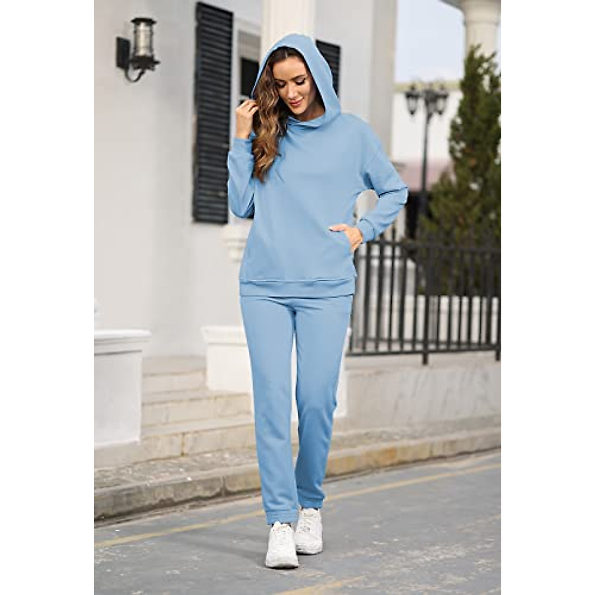 Fixmatti Women Jogger Outfit Sweatsuit 2 Piece Long Sleeve Hooded and Pant Set Tracksuit Blue L