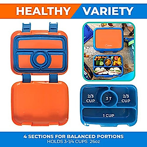 kinsho Bento Lunch Box for Kids Toddlers Boys, 5 Portion Sections Secure Lid, Microwave Safe BPA Free Removable Tray, Pre-School Kid Daycare Lunches Snack Container Ages 3 to 5, Blue Orange