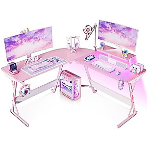 MOTPK Pink Gaming Desk with LED Lights, Carbon Fiber L Shaped Gaming Desk, Corner Gaming Table L Shape, Gamer Desk with Monitor Stand & Cup Holder & Headphone Hook, 51 Inch, for Women & Girls Gift