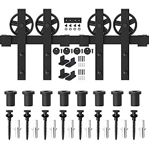 WINSOON 10FT Wood Double Sliding Barn Door Hardware Basic Black Big Spoke Wheel Roller Kit with 2PCS 12 Inch Sliding Barn Door Handles Black Hardware with Pull and Flush Barn Door Handle Set