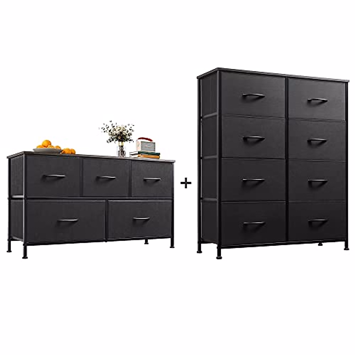 WLIVE 5-Drawer Dresser and 8-Drawer Dresser Set, Fabric Storage Tower for Bedroom, Hallway, Nursery, Closets, Tall Chest Organizer Unit with Textured Print Fabric Bins, Steel Frame, Wood Top, Easy Pul