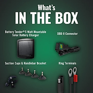 Battery Tender 5 Watt Solar Panel 12V Battery Charger with Charge Controller - IP67 Weatherproof - Windshield or Handlebar Mountable - Included Ring Terminal Cable or OBD II Connector - 021-1172