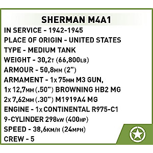 COBI Historical Collection World War II Sherman M4A1 Tank, Green, 1:48 Scale