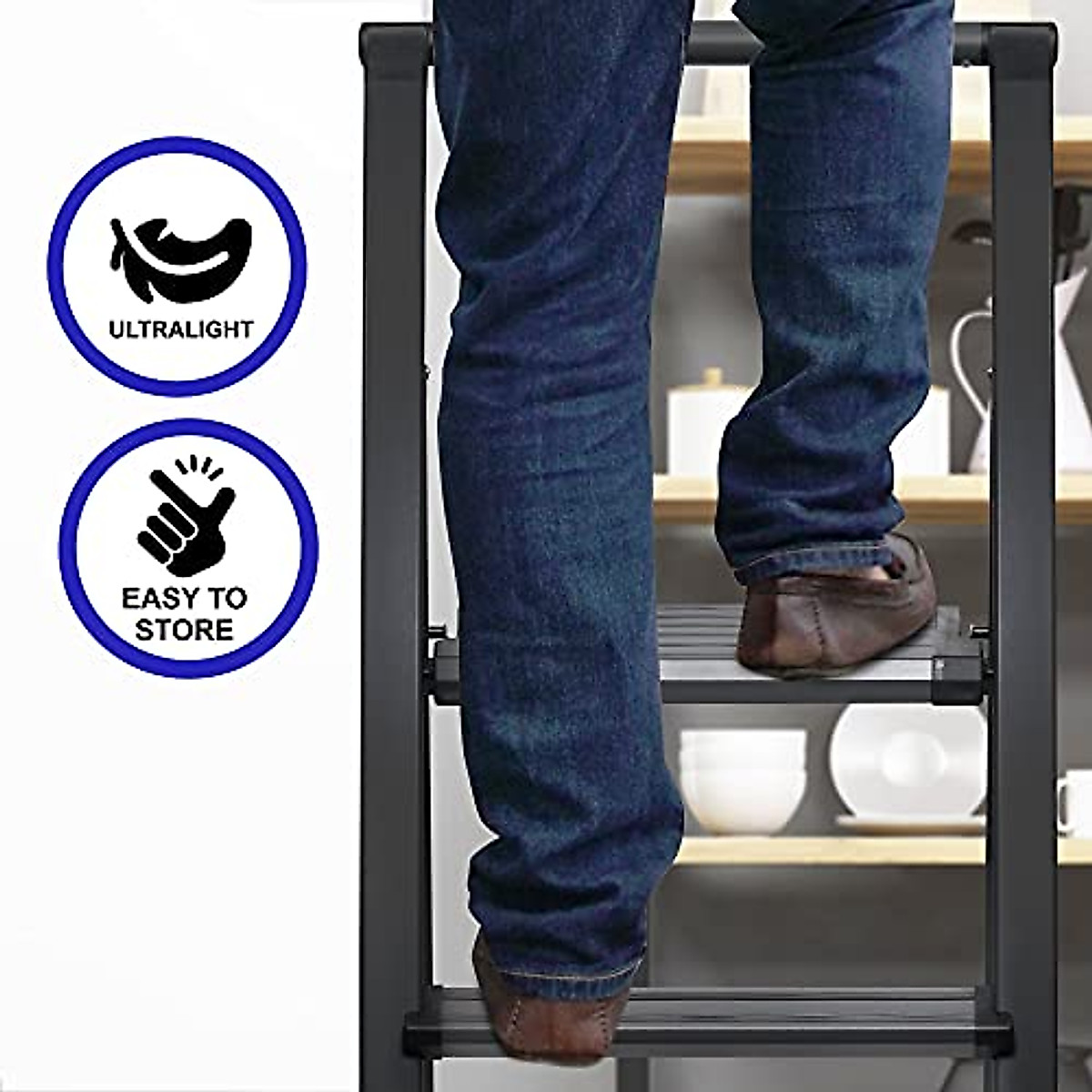 Step Ladder 4 Step Folding, Decorative - Modern Beautiful Grey Aluminum, Ultra Slim Profile, Anti Slip Steps, Sturdy-Portable for Home, Office, Kitchen, Photography Use,by SORFEY