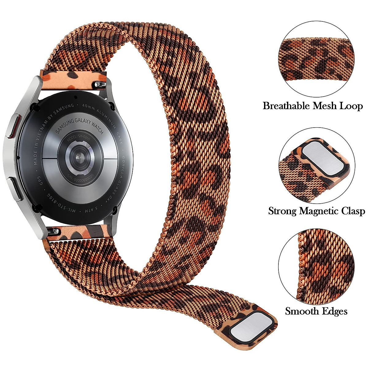 Wanme for Samsung Galaxy Watch 4 Band 40mm 44mm, Galaxy Watch 4 Classic Bands 42mm 46mm Women Men, 20mm Stainless Steel Metal Replacement Bracelet Strap for Samsung Watch 4 Bands (Leopard)