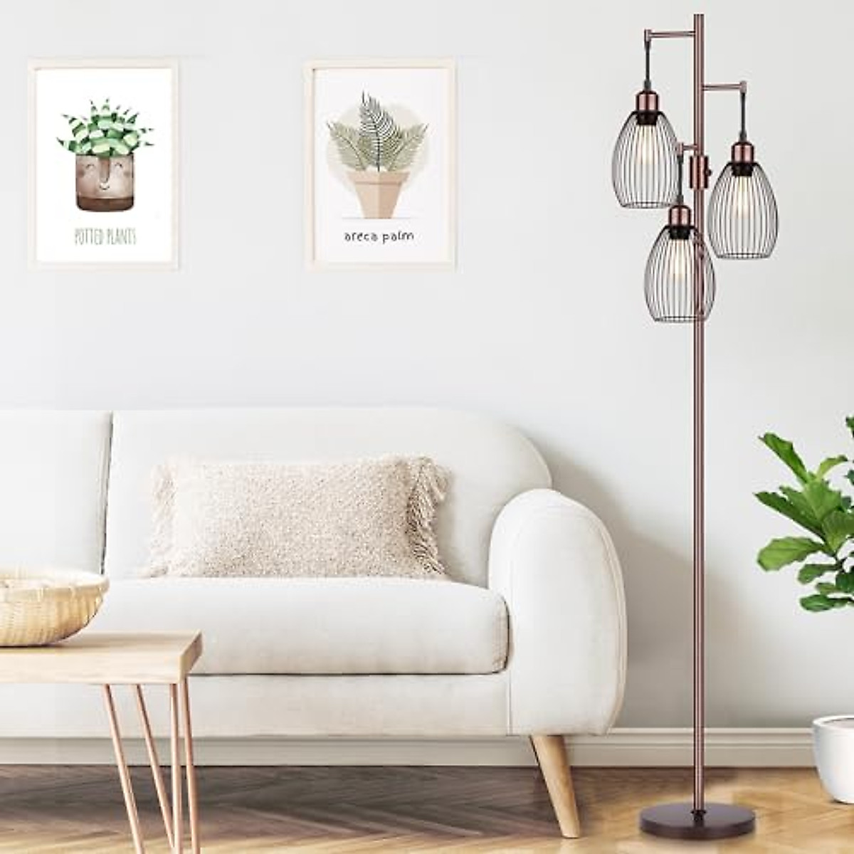 Dimmable Floor Lamp, 3 x 800LM LED Edison Bulbs Included, Farmhouse Industrial Floor Lamp Standing Lamp with Elegant Teardrop Cage Head Tall Lamp for Living Room Bedroom Office Dining Room - Brown
