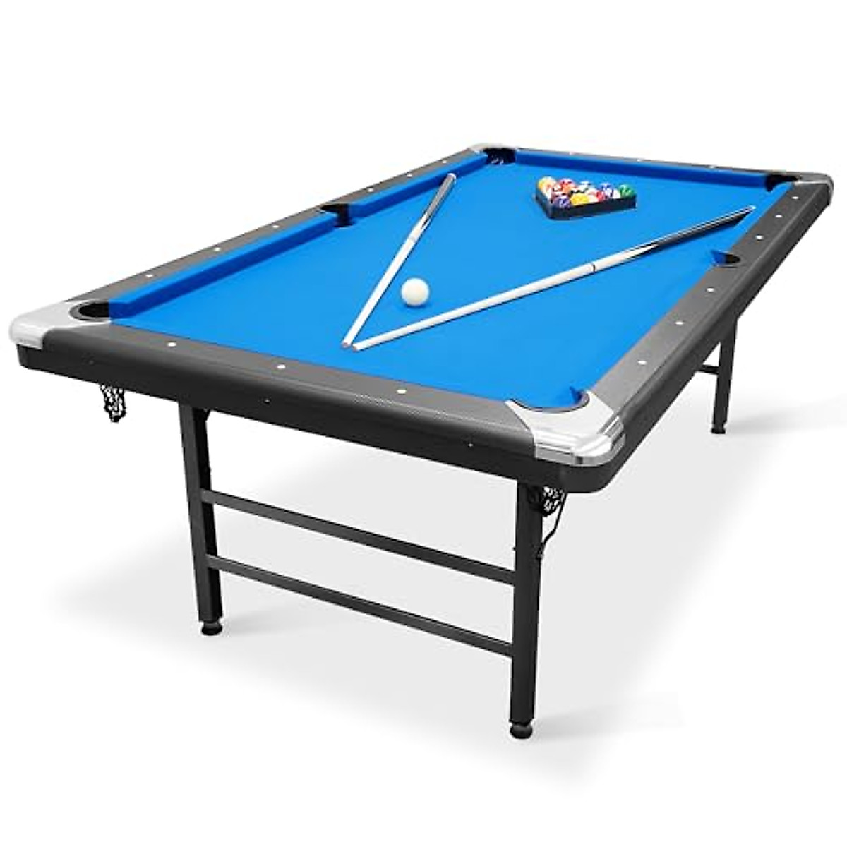 Wakefa 7ft Billiards Table, Portable Foldable Pool Table, Includes Balls, Chalks, 2 Pool Sticks and Brush, Black with Blue Cloth, Perfect for Family Game Room