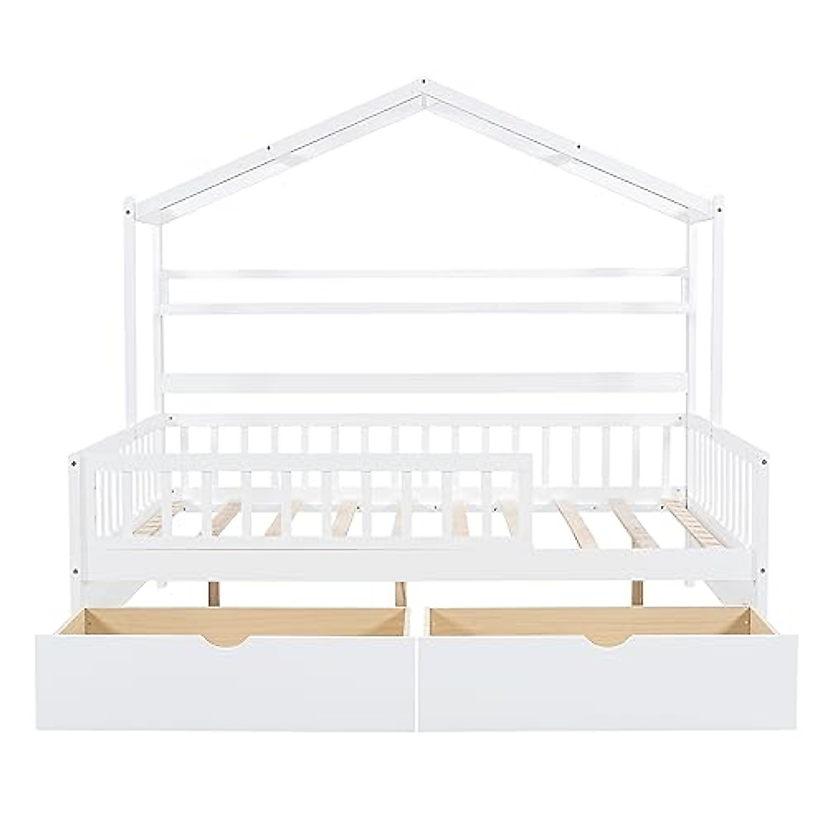 CKLMMC Full Size House Bed with 2 Drawers and 2 Shelves,Wooden Daybed Frame with Roof,Bedroom Furniture for Kids, Teens, Girls & Boys, Can Be Decorated (White/House-F)