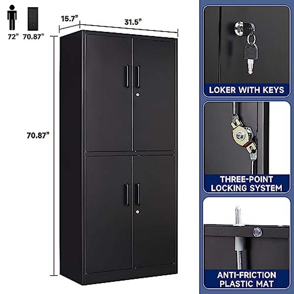 Yizosh Metal Storage Locking Cabinet with 4 Doors and 2 Adjustable Shelves,71" Lockable Garage Tall Steel Cabinet,for Home Office,Living Room,Pantry,Gym,Commercial Storage (Black)
